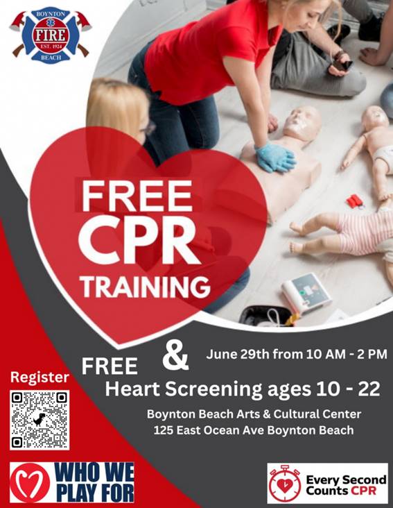 CPR training & heart screening for ages 10-22, Saturday, Boynton
